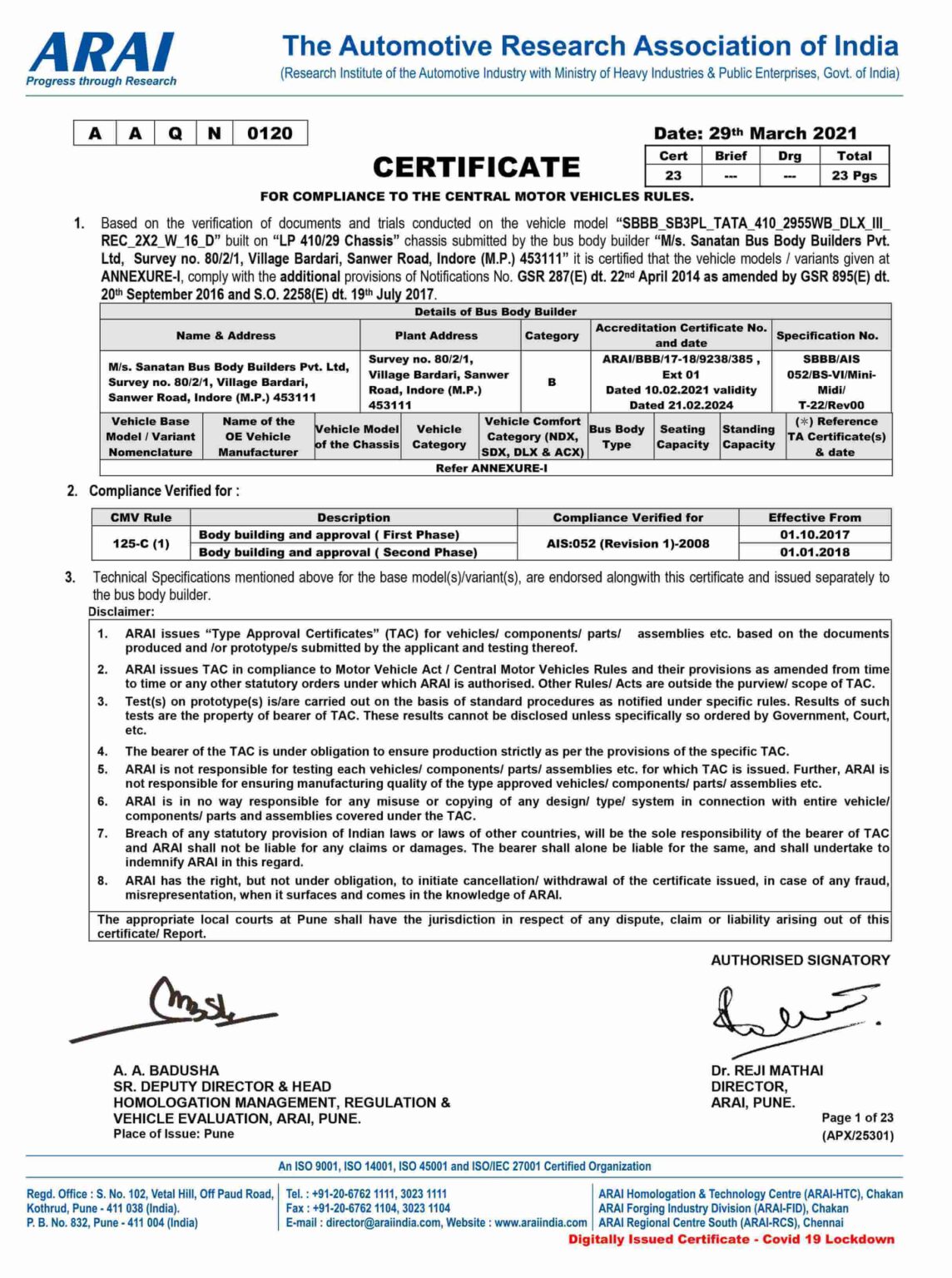 Certificate – Sanatan Bus Body Builders Pvt. Ltd